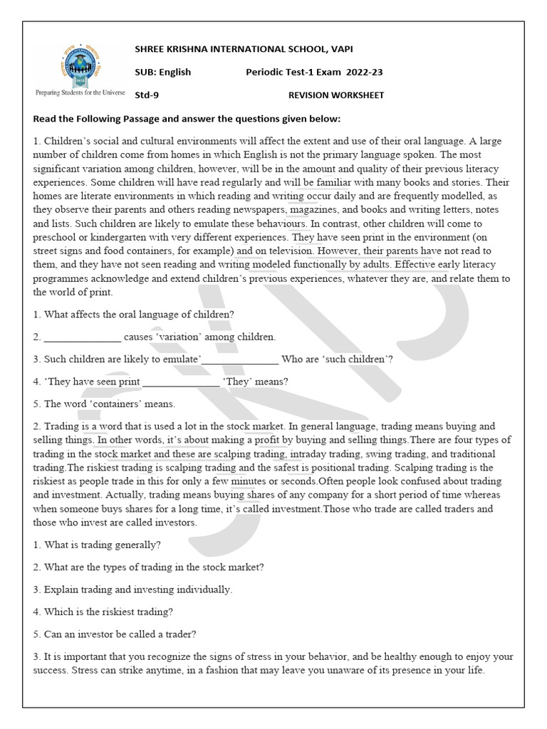 9th STD UT-1 Revision Worksheet | PDF | Organic Foods | Literacy