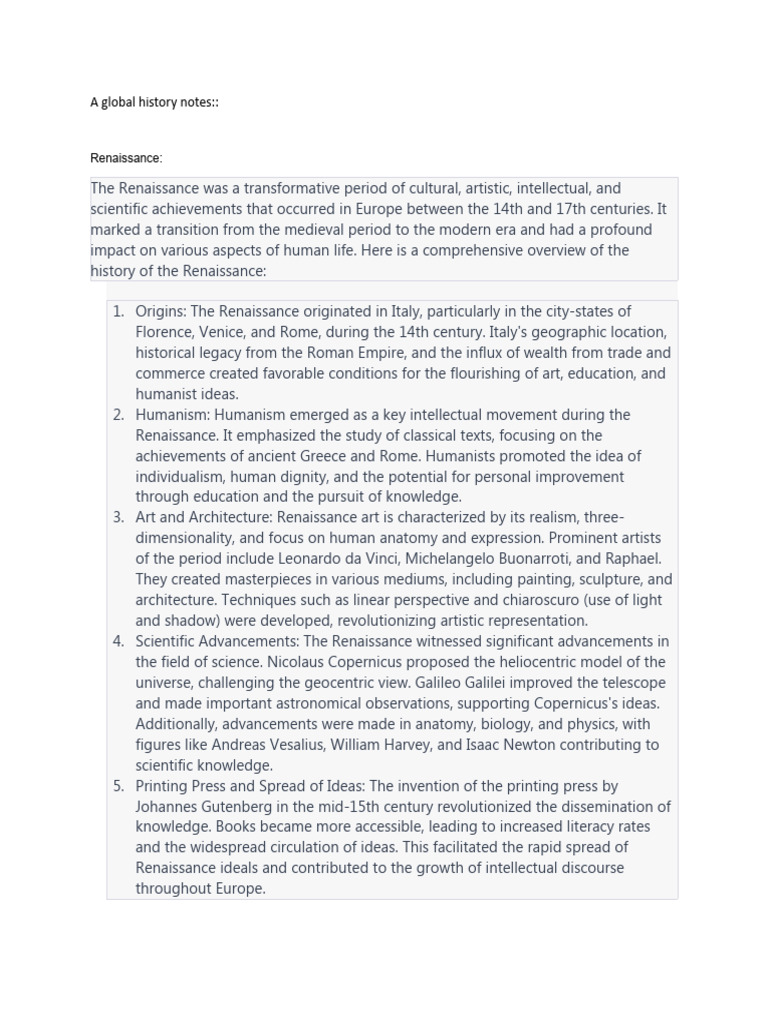 A Global History Notes | PDF | Protestantism | Renaissance