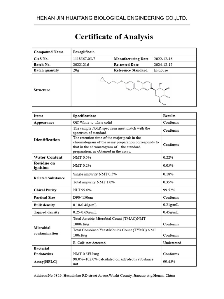 Bexagliflozin-COA HENAN 20221216 | PDF | Biology | Physical Sciences