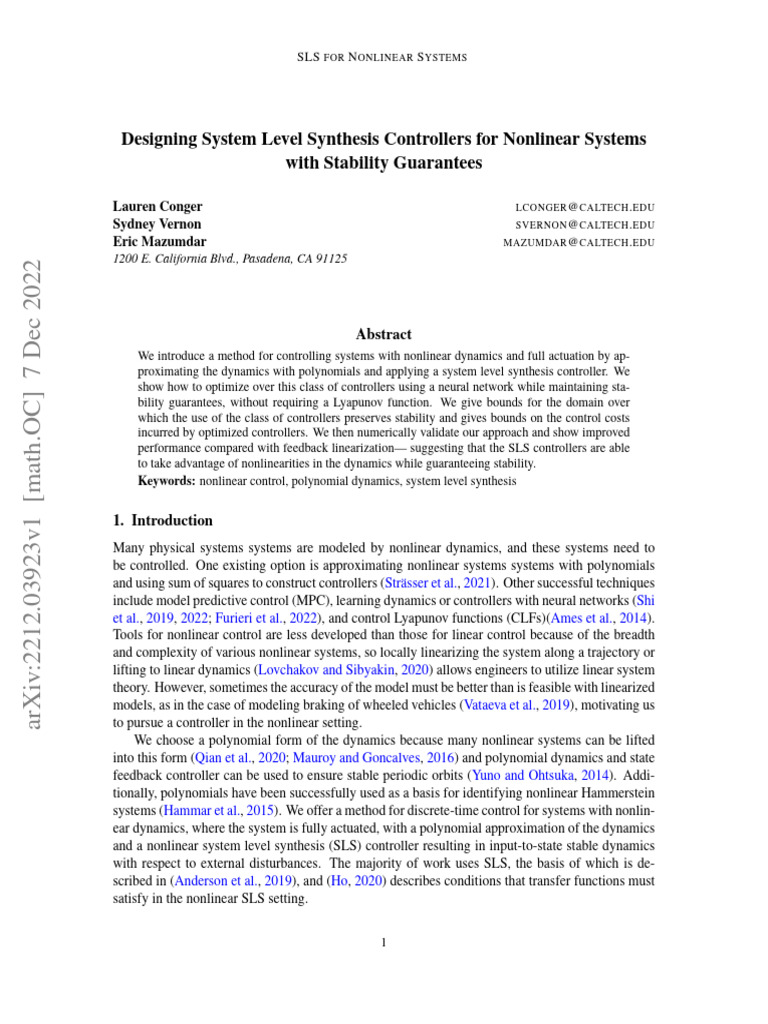 Designing System Level Synthesis Controllers For N | PDF | Control Theory | Nonlinear System