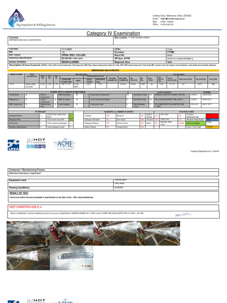 Spiral Drill Collars Inspection Report | PDF | Mechanical Engineering