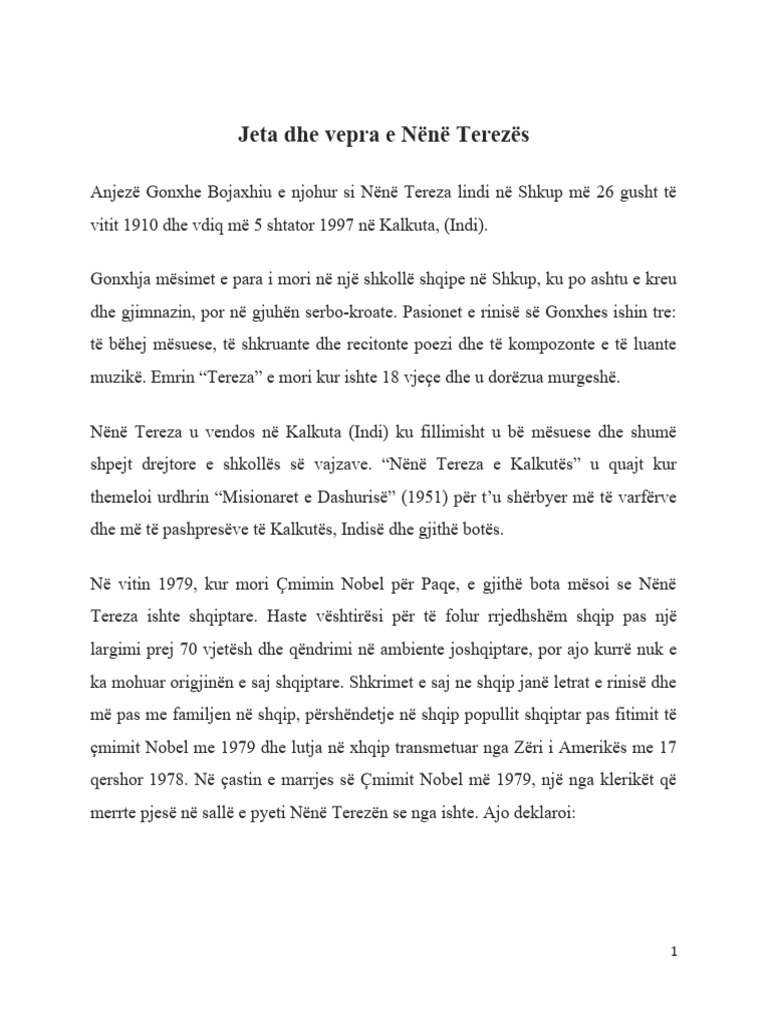 Jeta Dhe Vepra e Nënë Terezës | PDF