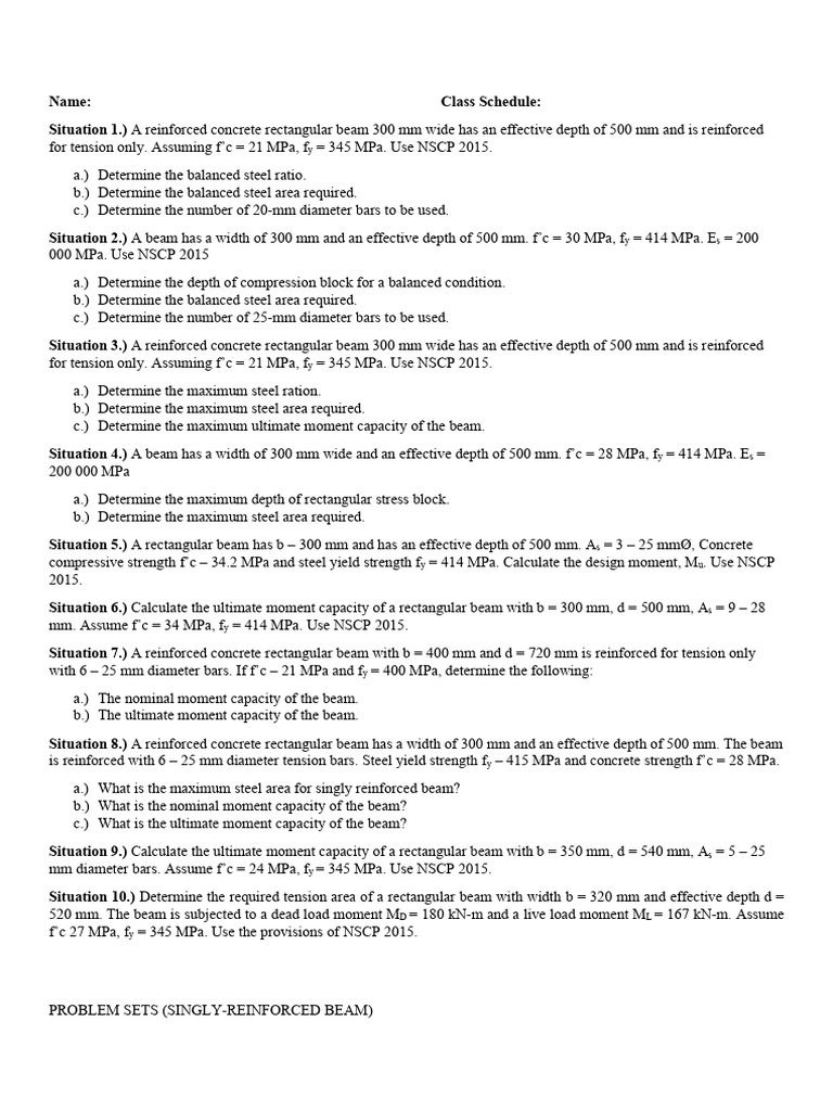 Problem Sets (Singly-Reinforced Beams) | PDF | Strength Of Materials | Reinforced Concrete