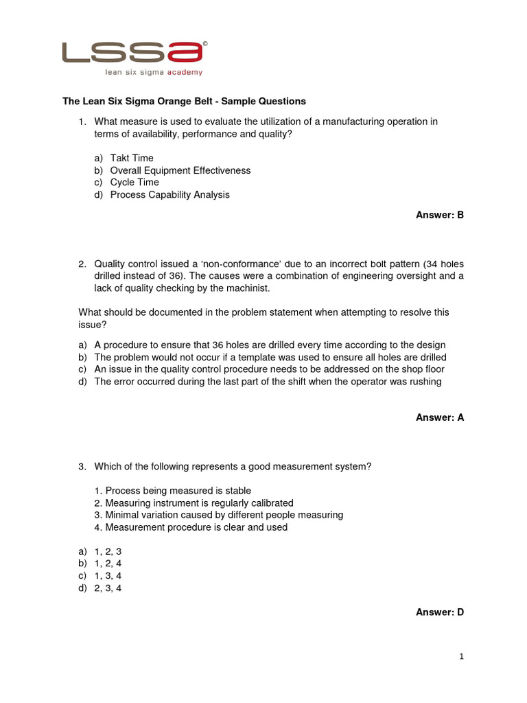 Lean Six Sigma Orange Belt Sample Questions | PDF | Engineering ...