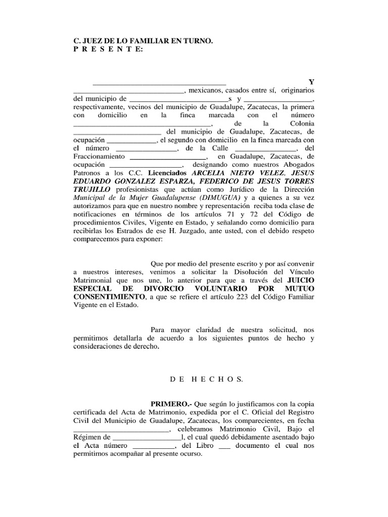 Formato para Juicio de Divorcio Voluntario | PDF