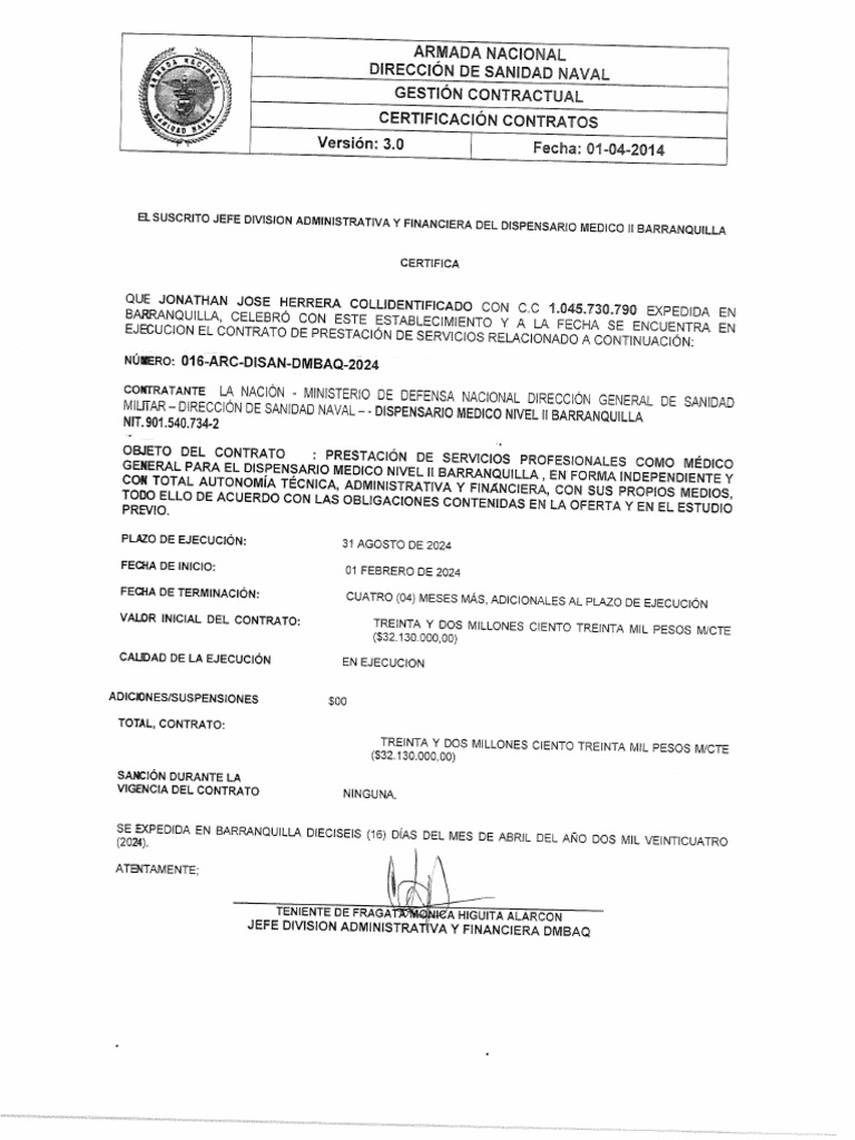 Certificado Laboral Jonathan Jose Herrera Coll | PDF