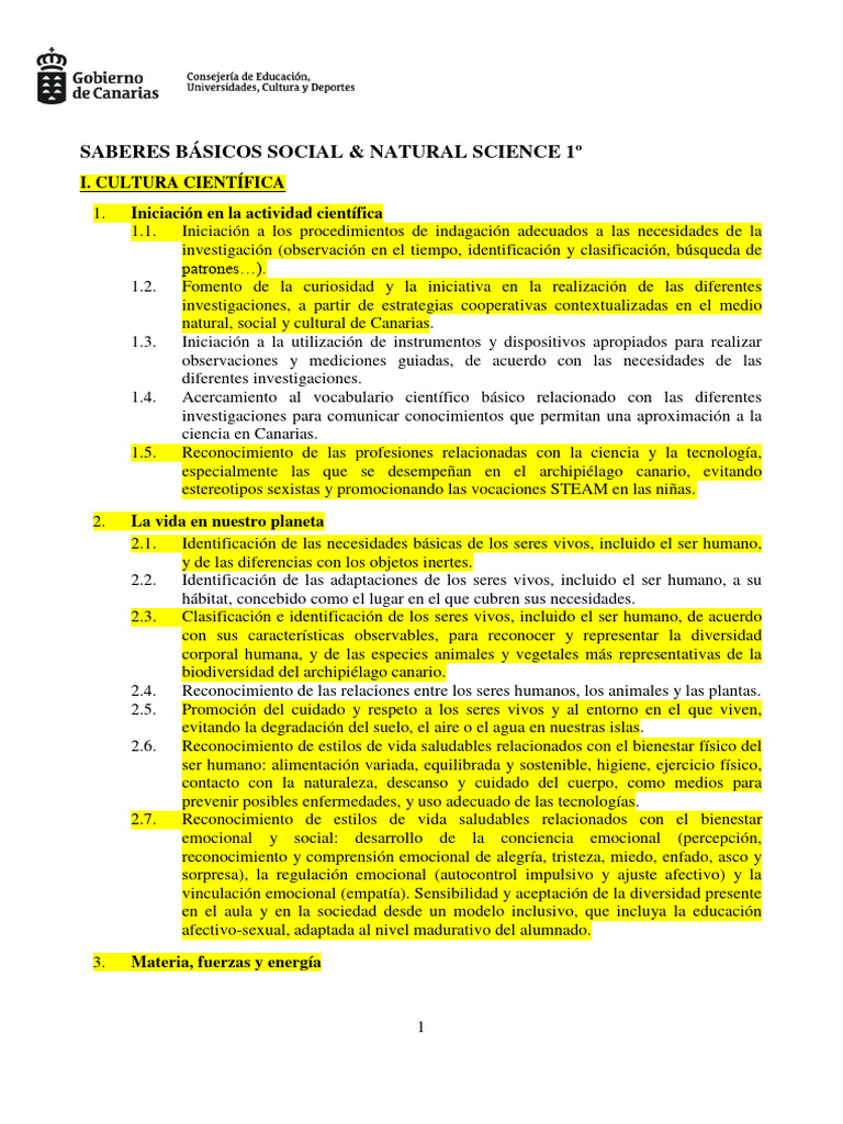 Saberes Básicos Science 1 | PDF | Las emociones | Aprendizaje