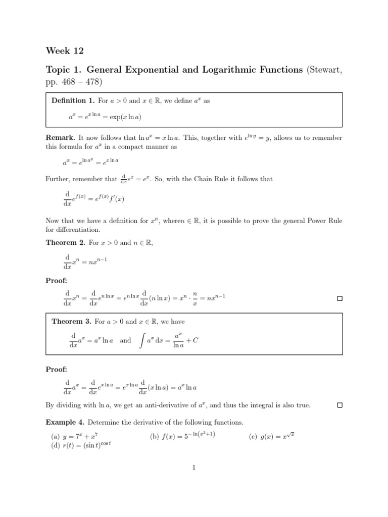 Week 121e General Exponential And Logarithmic Functions Pdf Mathematical Objects 