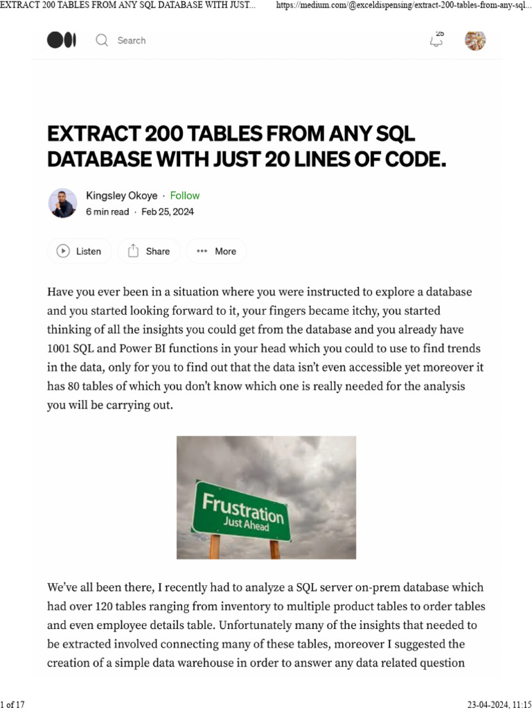 EXTRACT 200 TABLES FROM ANY SQL DATABASE WITH JUST 20 LINES OF CODE. - by Kingsley Okoye - Feb ...