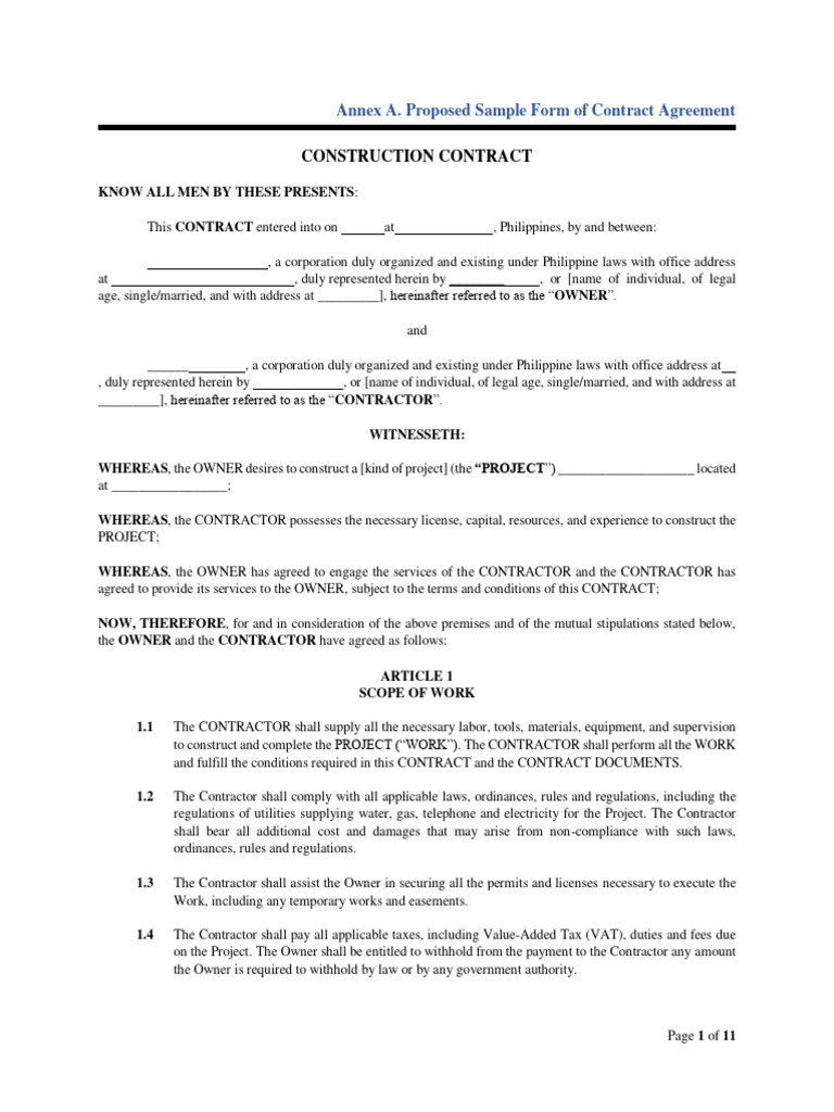 Annex A Sample Short Form of Construction Contract 1 | PDF | Surety ...