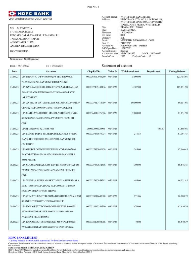 HDFC Statement | PDF | Bangalore | Banking