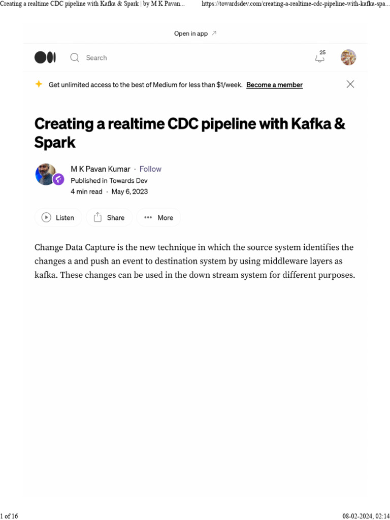 Creating A Realtime CDC Pipeline With Kafka & Spark - by M K Pavan Kumar - Towards Dev | PDF