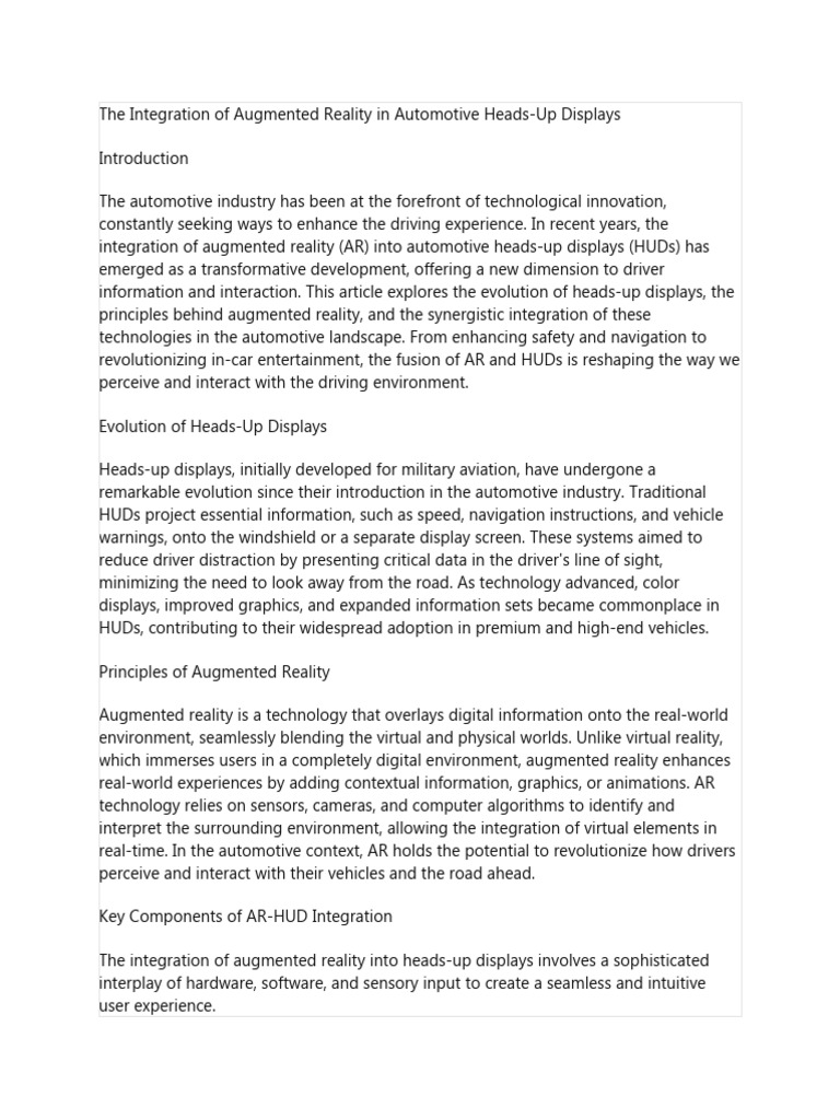 The Integration of Augmented Reality in Automotive Heads Up Displays | PDF | Augmented Reality ...