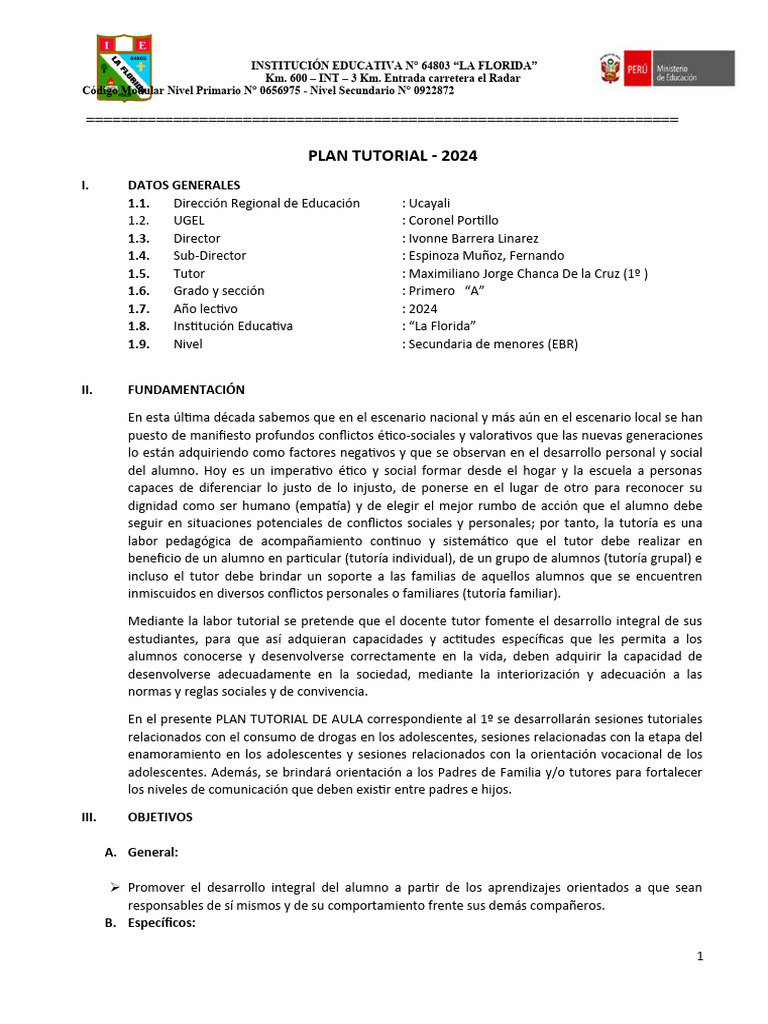 Plan Tutorial 2024 1ro | PDF | Evaluación
