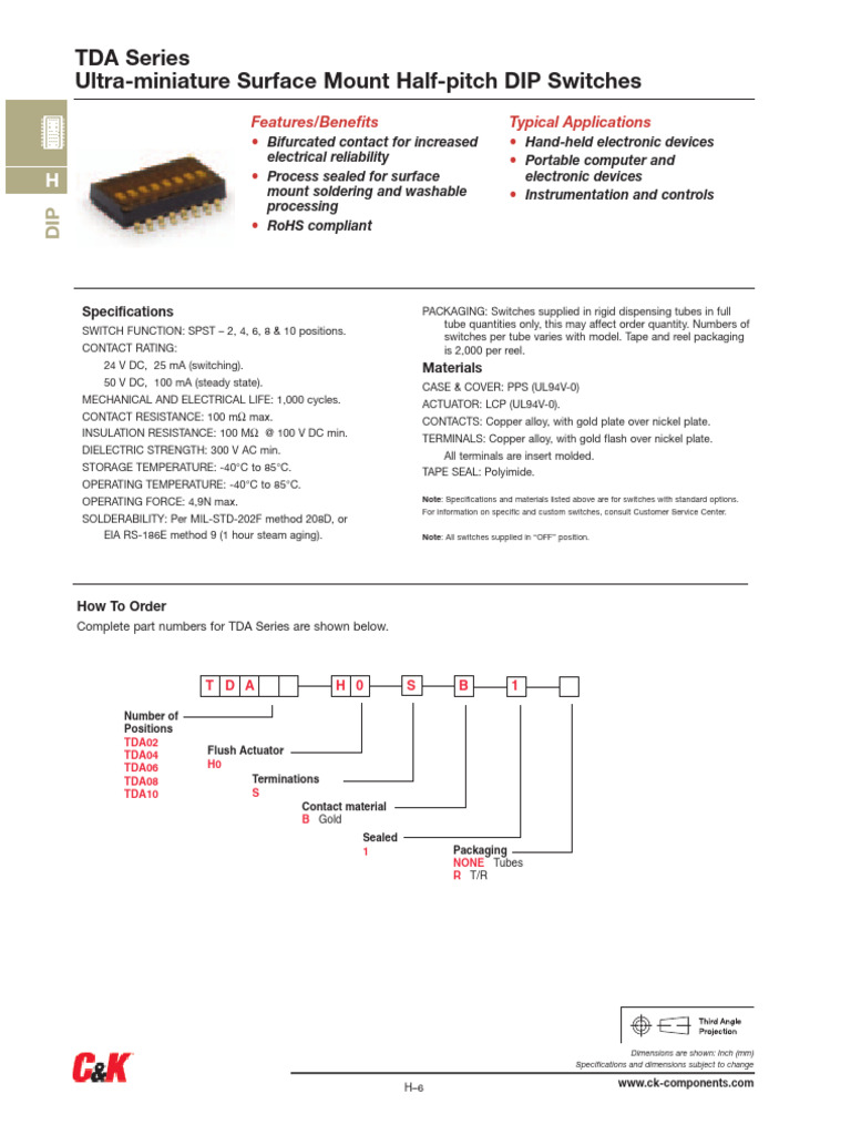 TDA Series Ultra-Miniature Surface Mount Half-Pitch DIP Switches | PDF ...