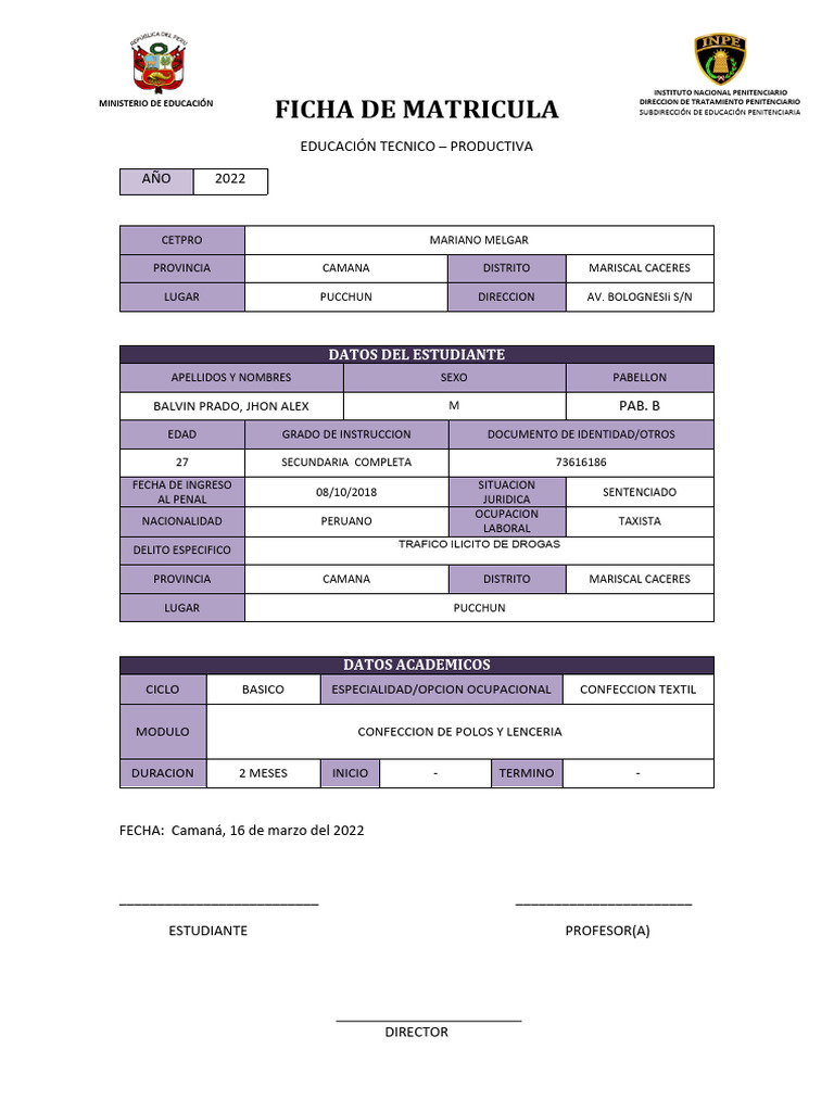 Ficha de Matricula - Modulo I - Ii | PDF | Educación Secundaria | Documento de identidad