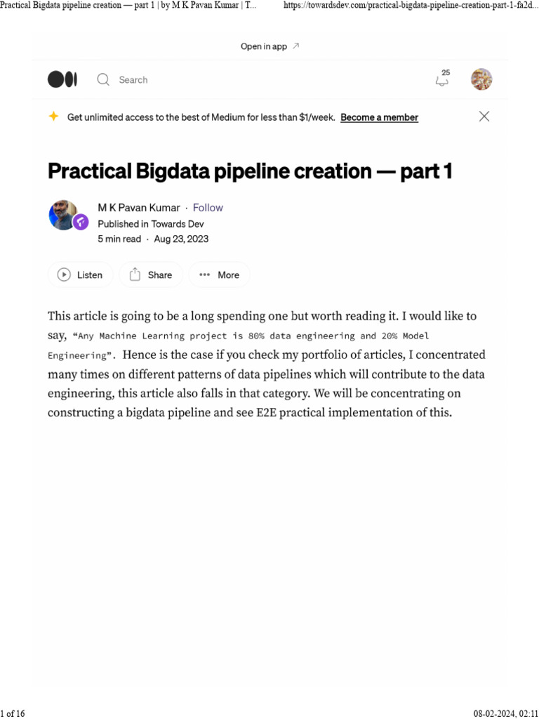 Practical Bigdata Pipeline Creation - Part 1 - by M K Pavan Kumar - Towards Dev | PDF