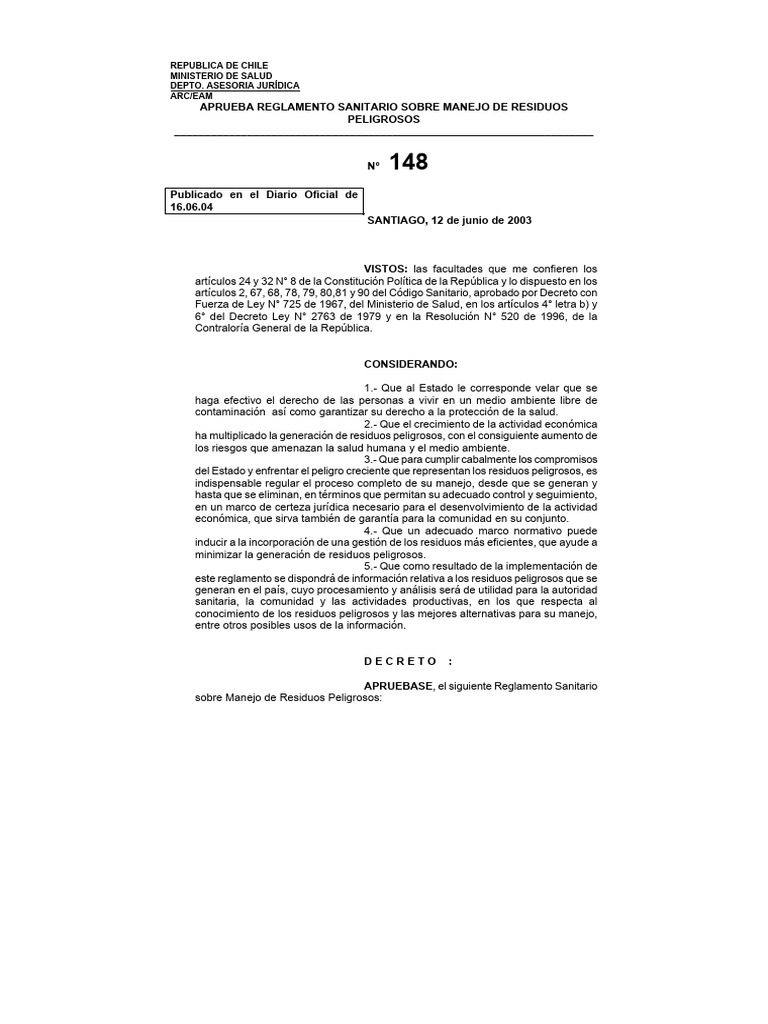 D.S. #148 - Reg. Sanitario Manejo Residuos Peligrosos | PDF | Residuos | Agua