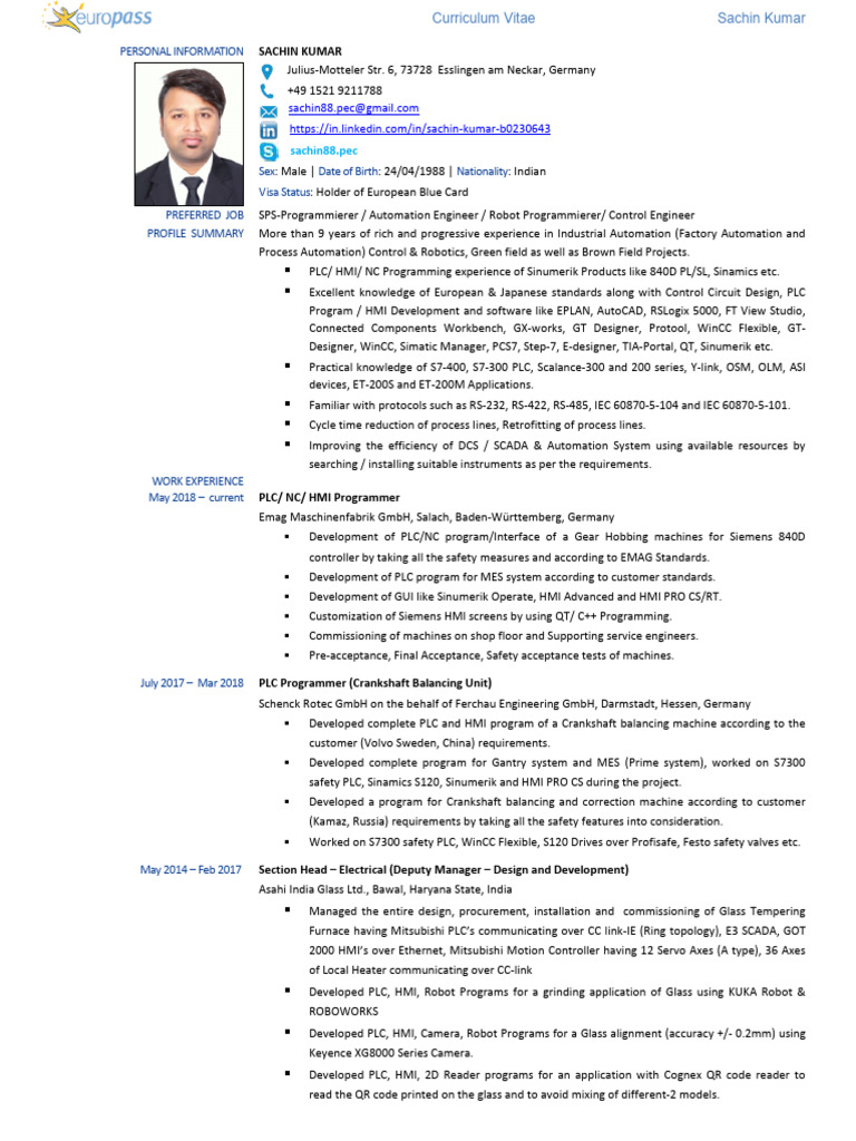 CV Resume | PDF | Programmable Logic Controller | Automation