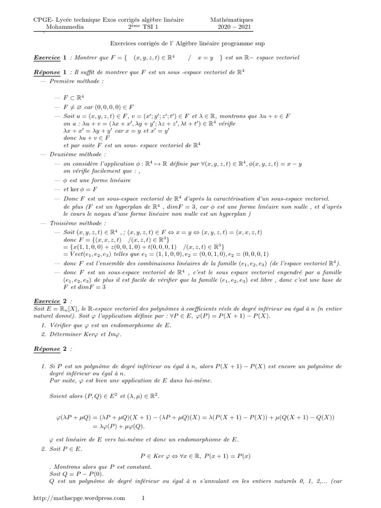 Exercices Corrigés d'Algèbre Linéaire | PDF | Espace vectoriel | Polynôme