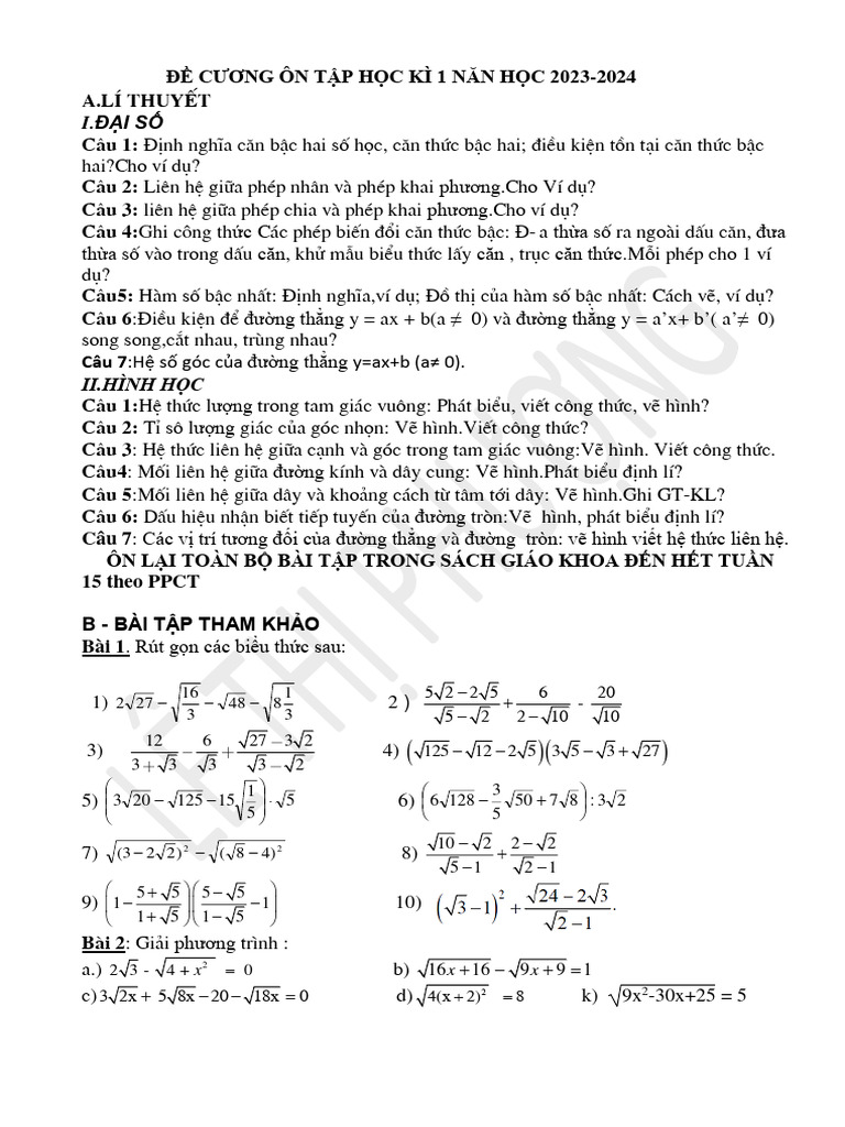 Đề Cương Toán 9 HK 1 NH 2023-2024 | PDF