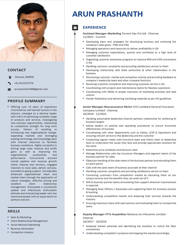 Arun Prashanth CV | PDF | Marketing | Sales