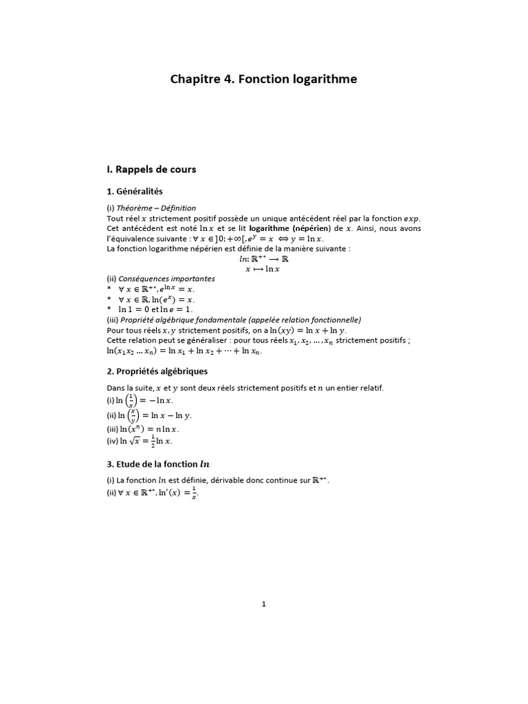 Chapitre 4 Fonction Logarithme | PDF | Nombre | Arithmétique