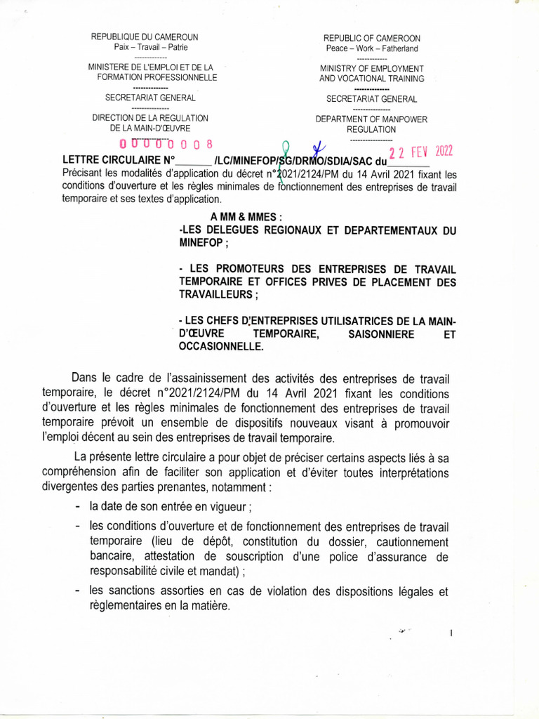 CIRCULAIRE N°00008LCMINEFOP SG DRMO SDIA SAC Du 22 Fevrier 2022 ...