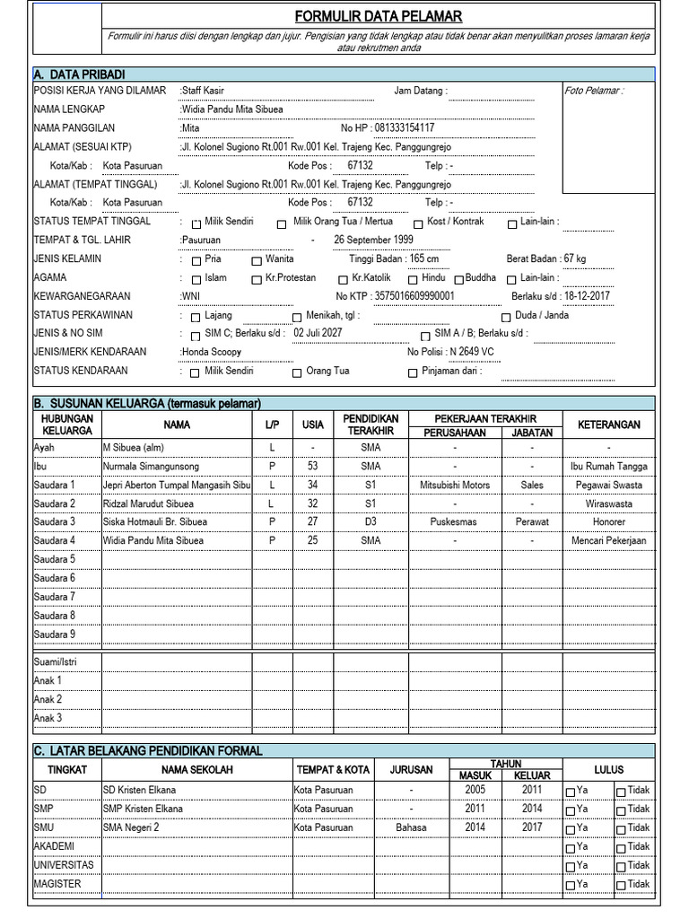 Form Isian Pelamar BJL | PDF