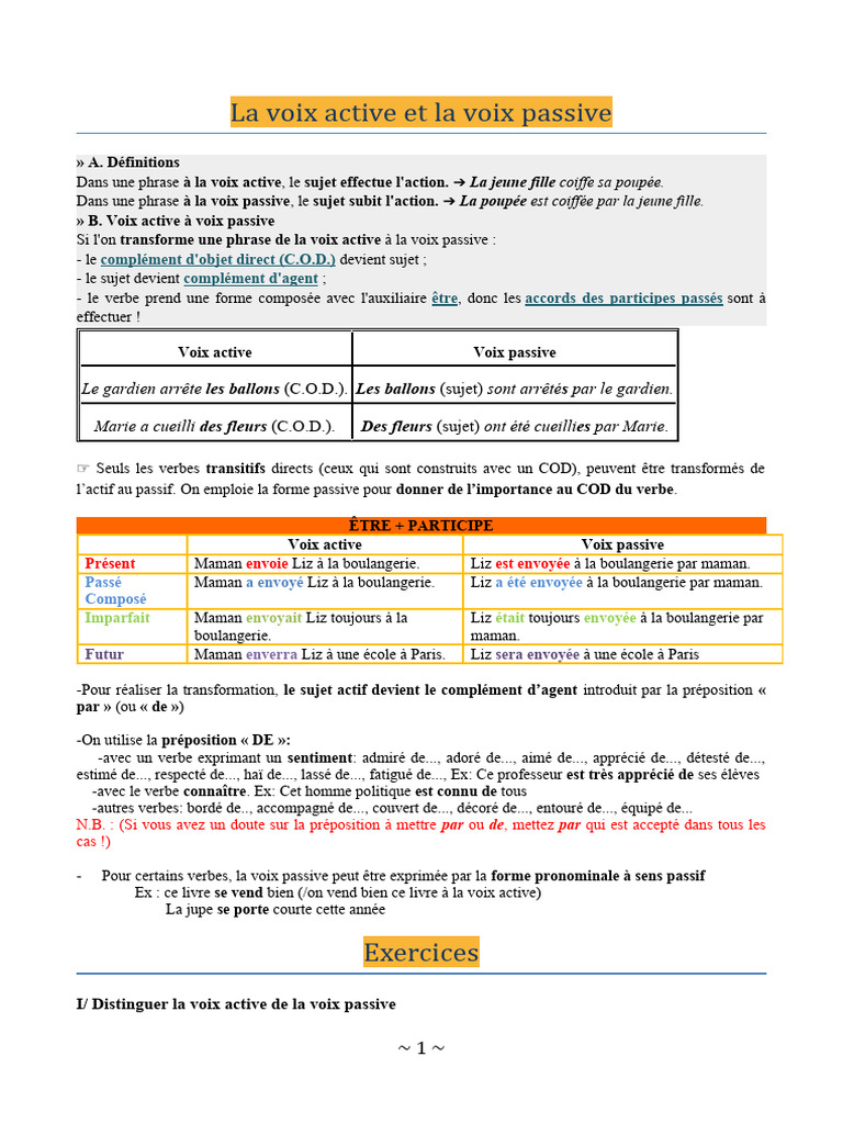 Exercices sur voix active et passive | PDF | Complément d'objet | Sujet ...