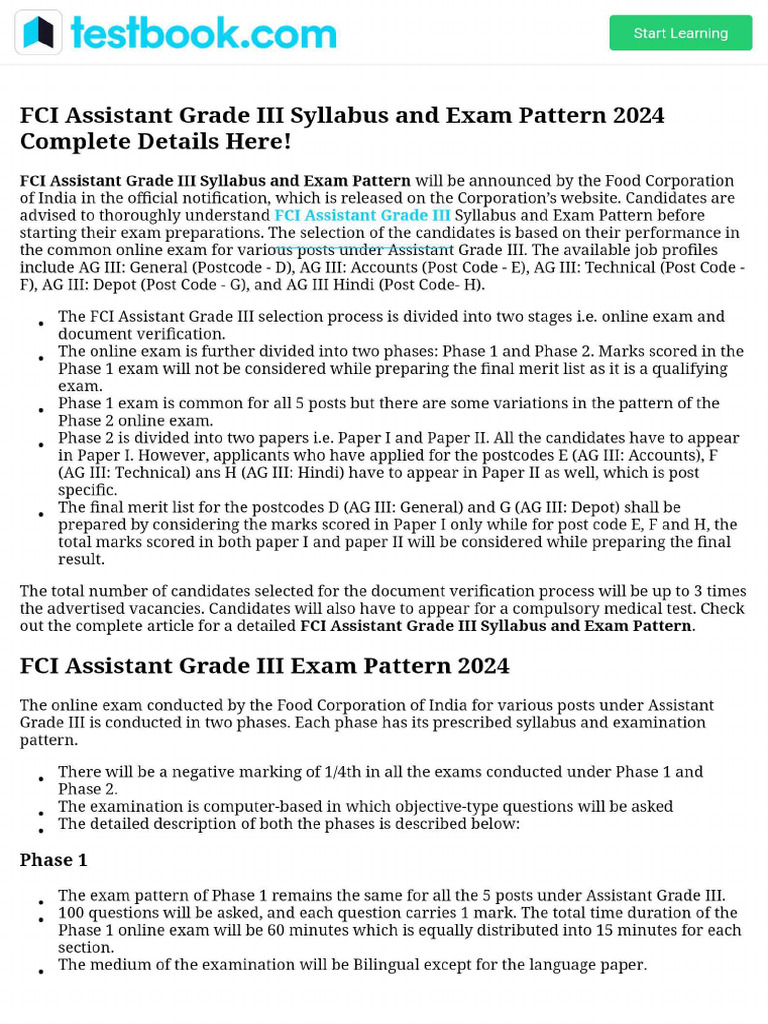 FCI Assistant Grade III Syllabus and Exam Pattern 2024 Complete Details ...