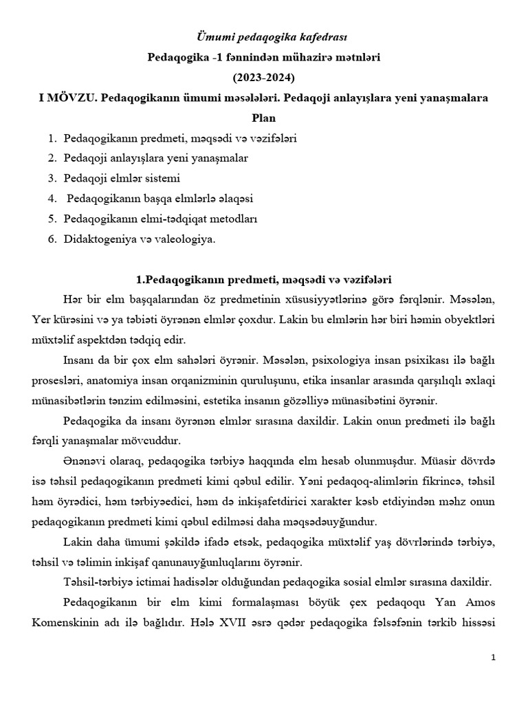 M?hazir? M?tnl?ri (2023-2024) I M?vzu. Pedaqogikan?n ?mumi M?S?L 2 | PDF