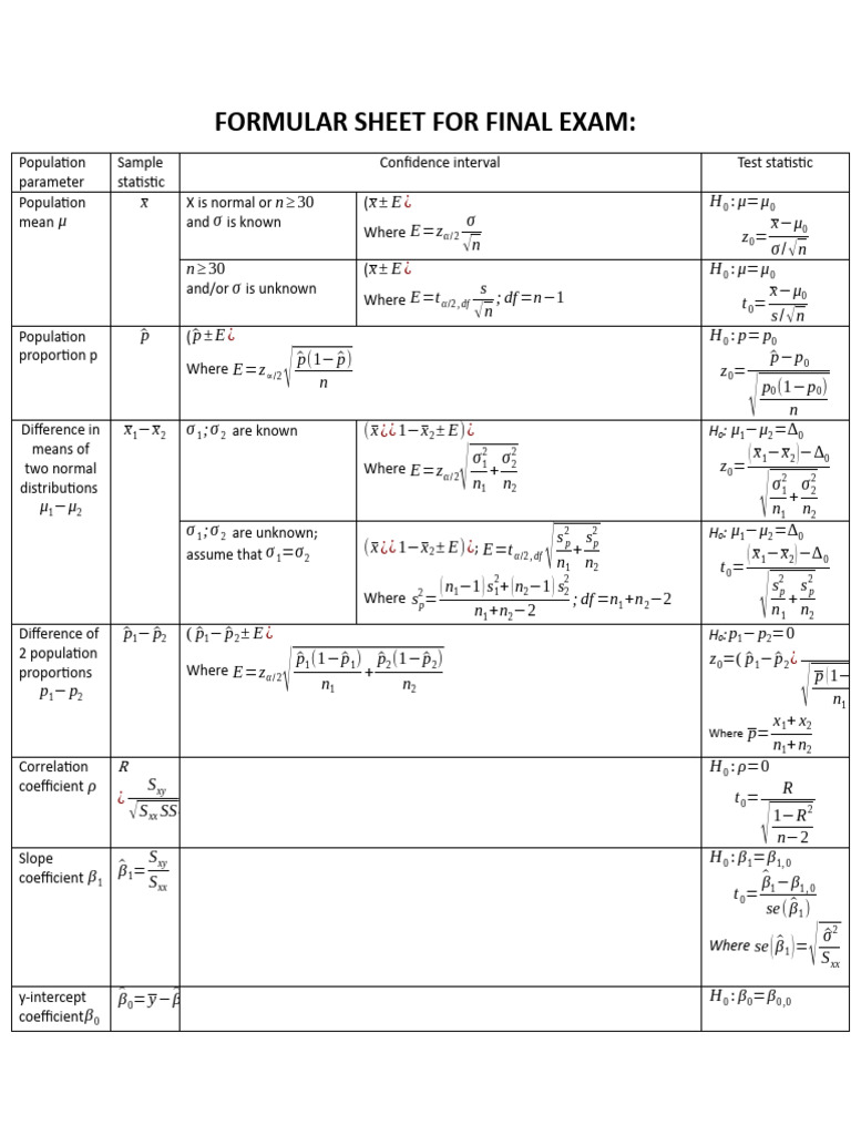 Formular Sheet For Final Exam Mas291 | Download Free PDF | Probability ...