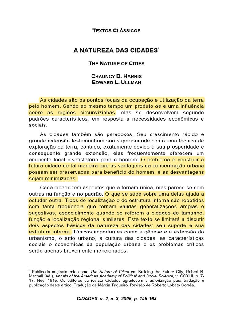 Harris, Chauncy D. Ullman, Edward L. The Nature of Cities (A Natureza ...