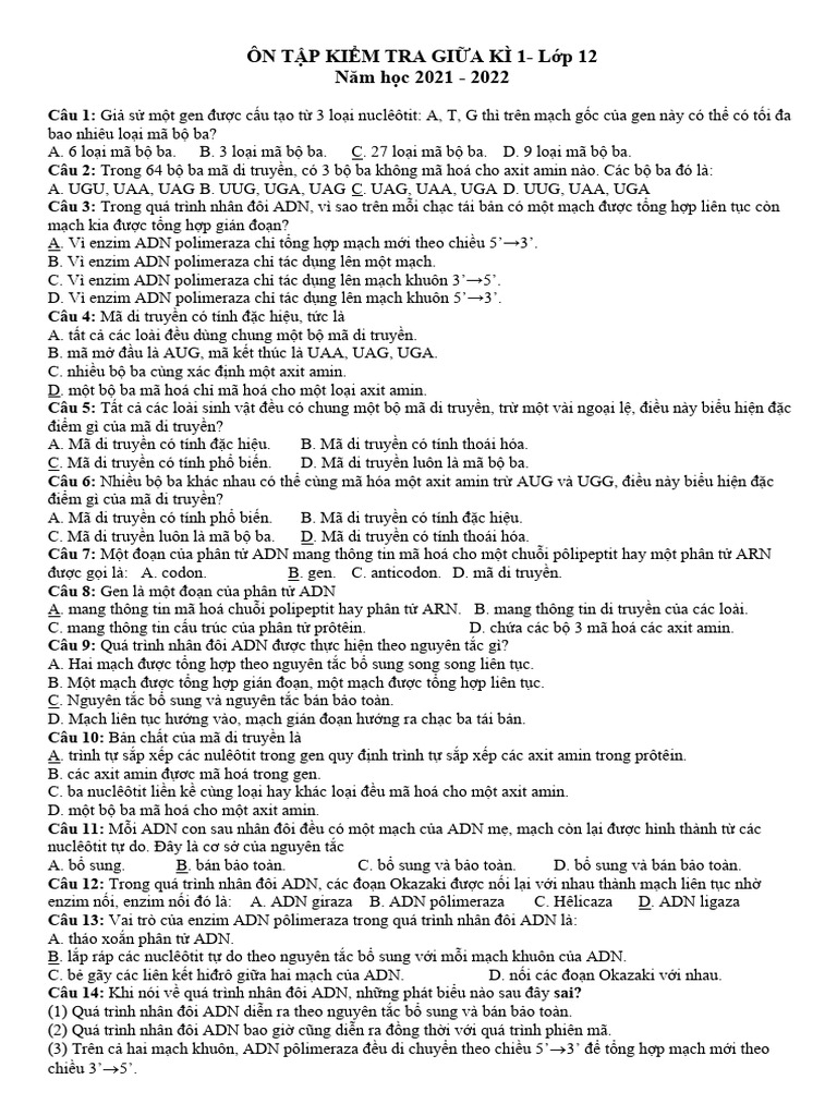 On Tap KT Giua Ki - 2021 - 2022 - Dap An | PDF