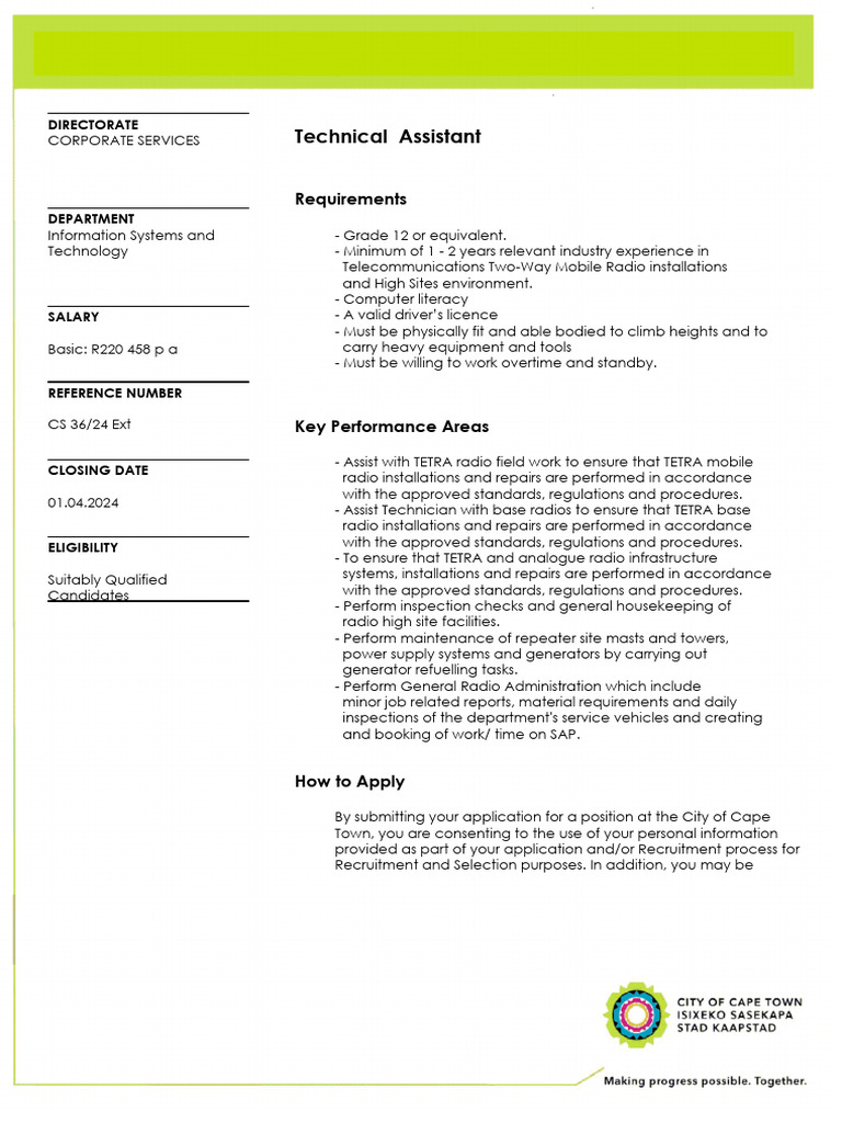 Technical Assistant Job in Cape Town | PDF | Recruitment | Verification ...