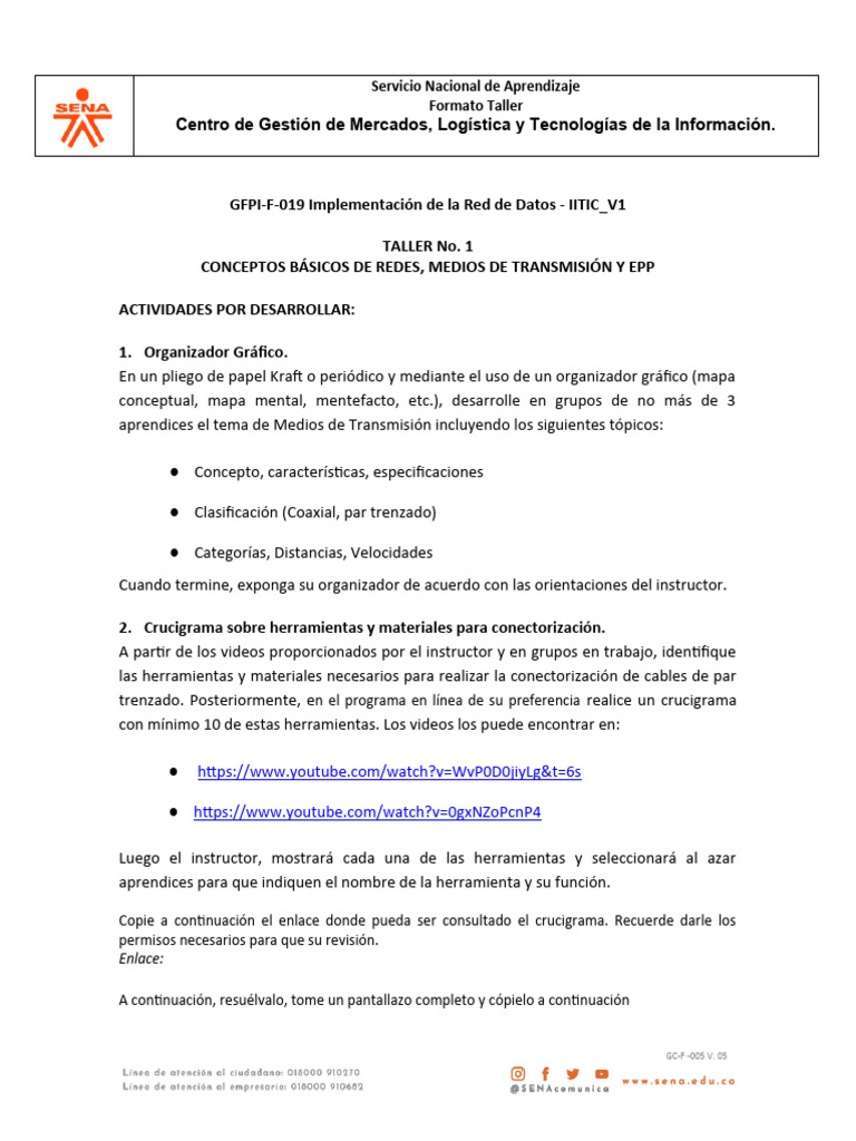 GC-F-005 - Taller 1. Conceptos Básicos de Redes, Medios de Transmisión y EPP | PDF | Medio de ...