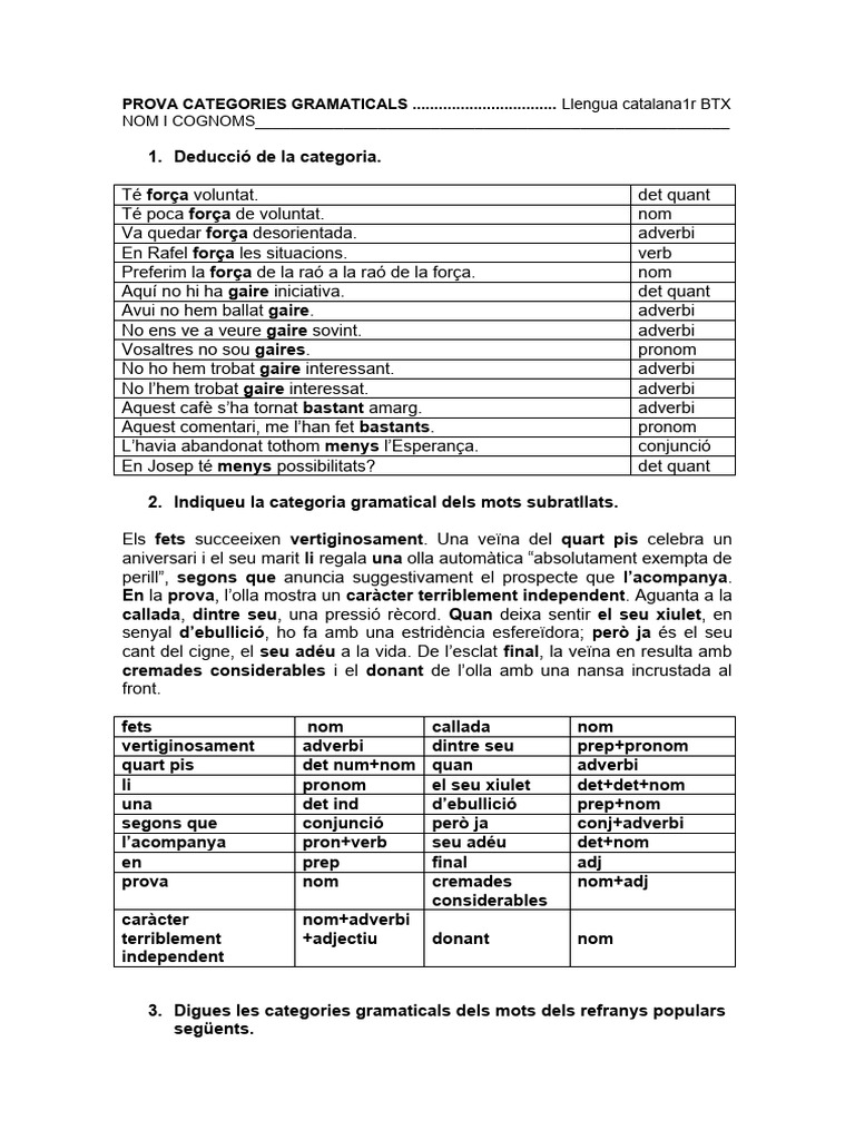 Examen Resolt Categories Gramaticals 1 | PDF