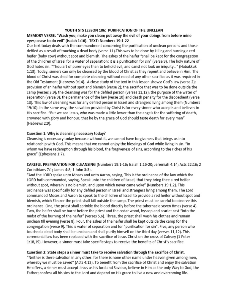 YOUTH STS LESSON 106_Purification of the Unclean | PDF | Jesus | Salvation