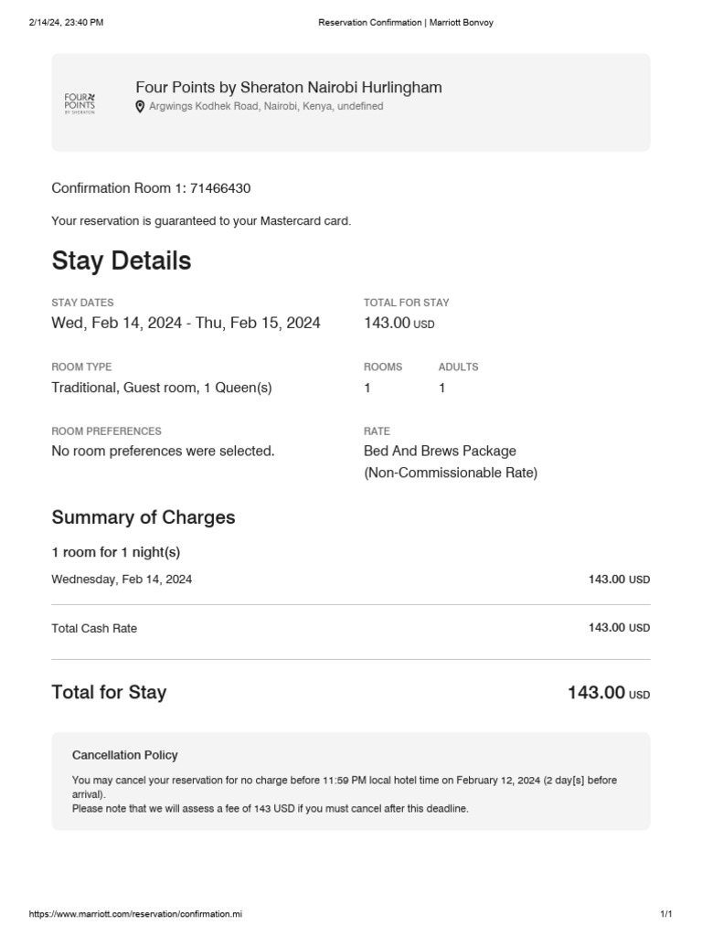 Marriott Reservation Confirmation: Feb 2024 | PDF