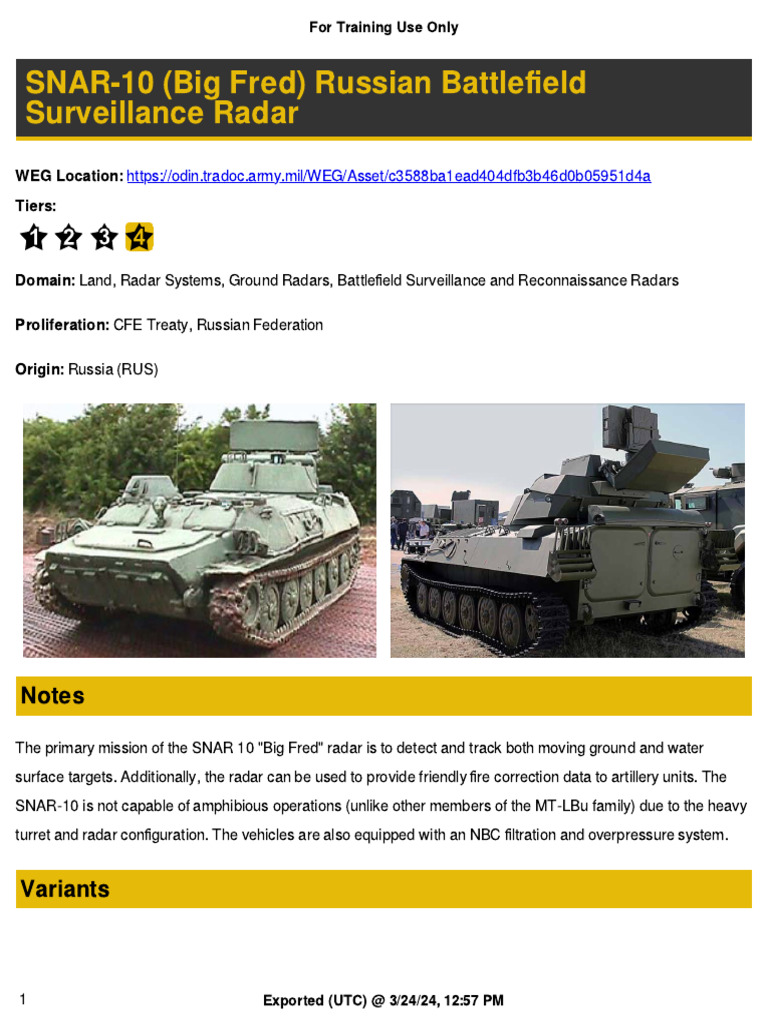 SNAR-10 (Big Fred) Russian Battlefield Surveillance Radar: Notes | PDF ...