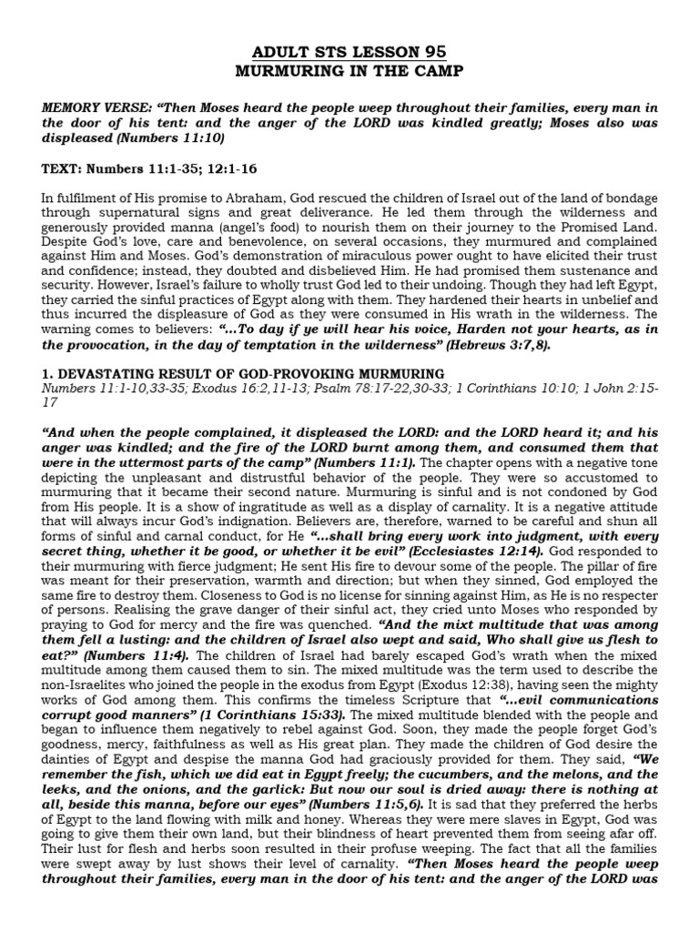 Adult STS Lesson 95 - Murmuring in The Camp | PDF | Moses | Book Of Numbers