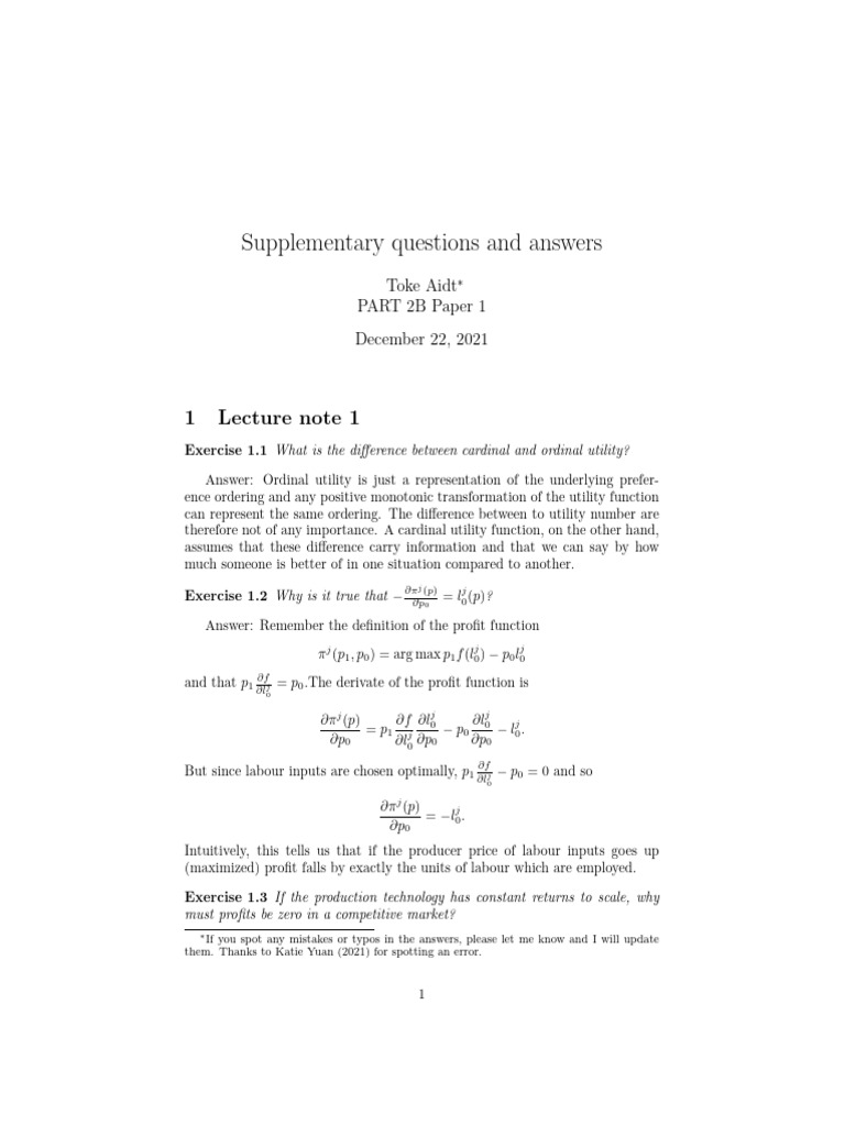 Supplementary Answers 1 | PDF | Demand | Demand Curve