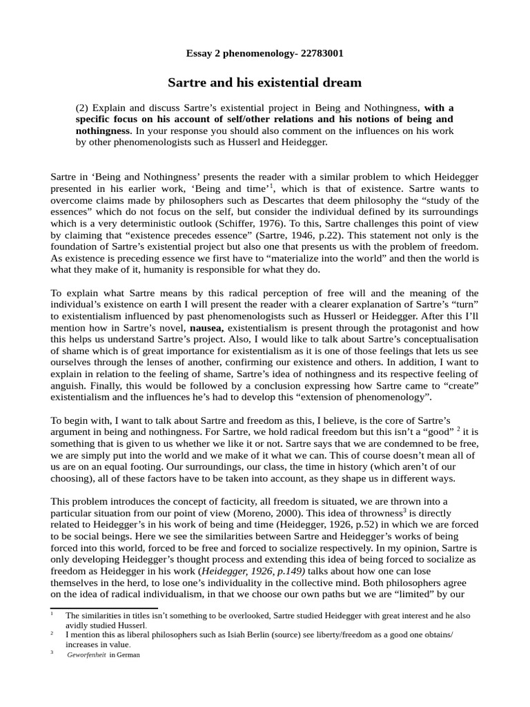 Essay 2 Phenomenology SARTRE | PDF | Existentialism | Jean Paul Sartre