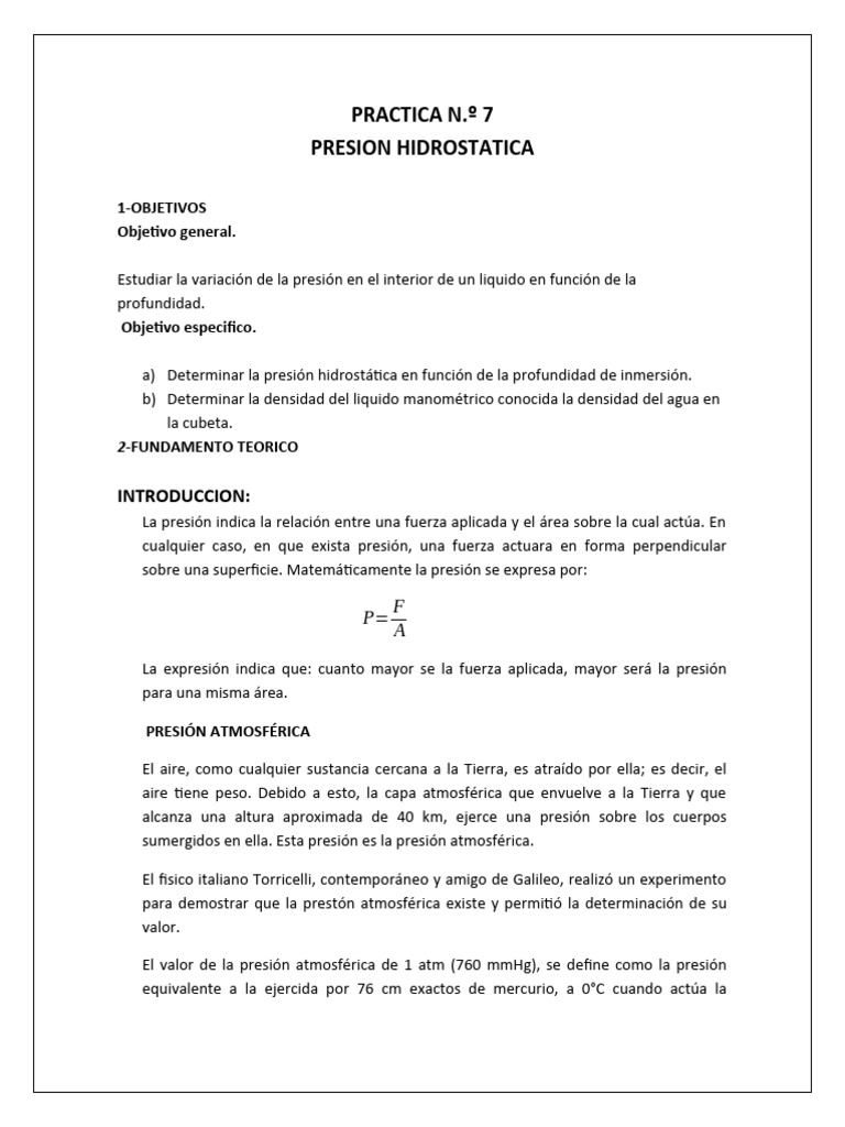 Presión Hidrostática | PDF | Presión | Altímetro