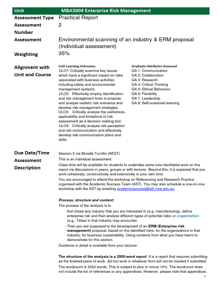 MBA5004 Assessment 2 Brief Practical Report | PDF | Risk | Risk Management
