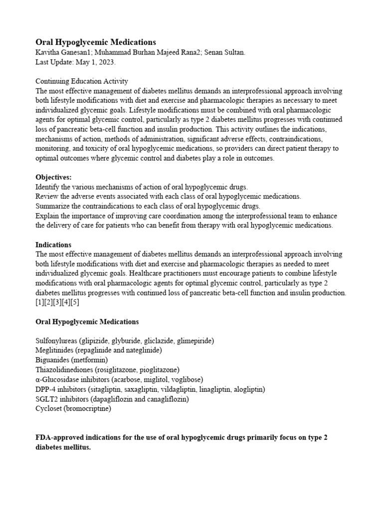 Overview of Oral Hypoglycemic Medications | PDF | Diabetes Management ...