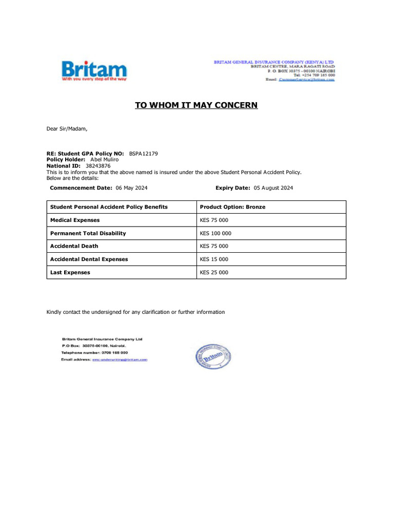 Britam Student PA Cover Note | PDF | Insurance
