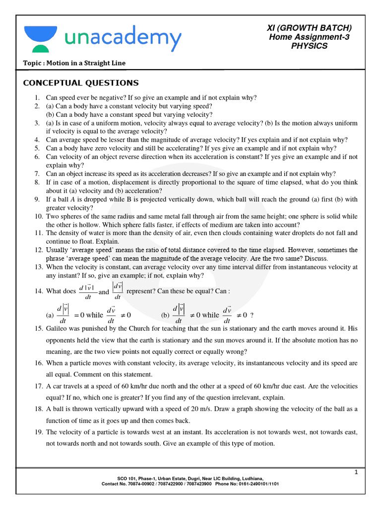 Motion in A Straight Line (NCERT Based Questions & Integration) HA-3 ...