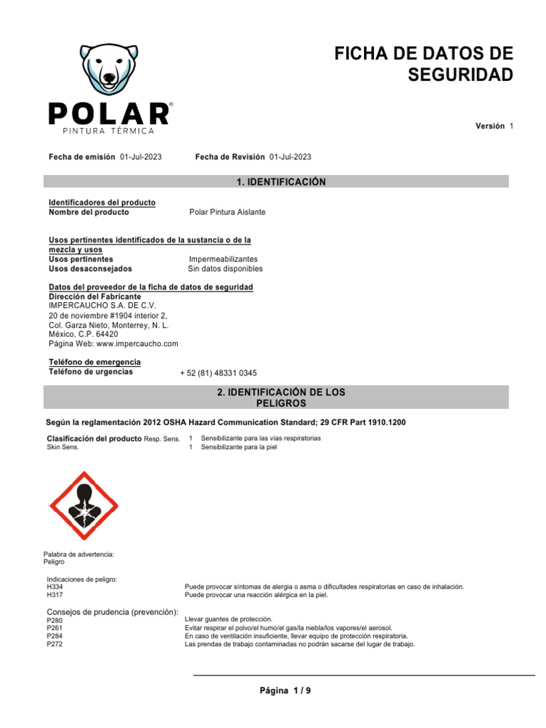 Hoja de Seguridad Polar | Descargar gratis PDF | Alergia | Agua